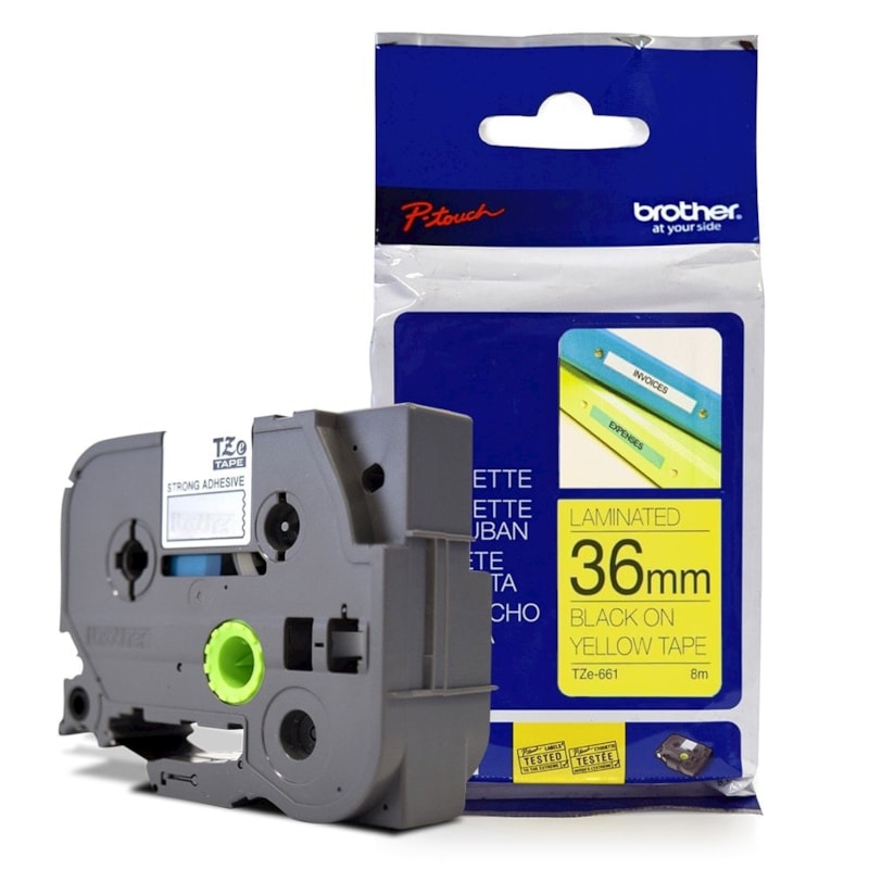 Fita Laminada p/ Rotulador Brother TZe-661 Preto Sobre Amarelo 36mm ...